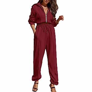 PRETTYGARDEN Women's 2 Piece Tracksuit Outfits Long Sleeve Zip Up Sweatshirt Drawstring Sweatpants Lounge Set (Wine Red,X-Large)
