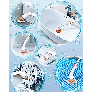 Genew Electric Spin Scrubber: Cordless Cleaning Brush with 6 Replaceable Head & Adjustable Extension Handle Power Shower Scrubber for Bathroom Floor Tile Tub - Add Adjustable Grip (White)