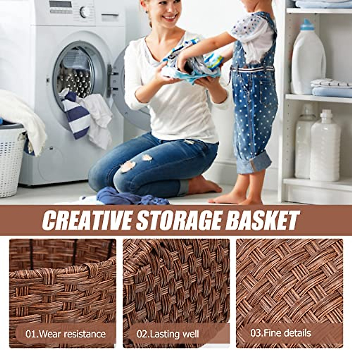 Zerodeko Wicker Laundry Hamper Round Rattan Woven Laundry Basket Dirty Clothes Hamper Decorative Wastepaper Storage Basket for Laundry Room Bathroom Bedroom Coffee