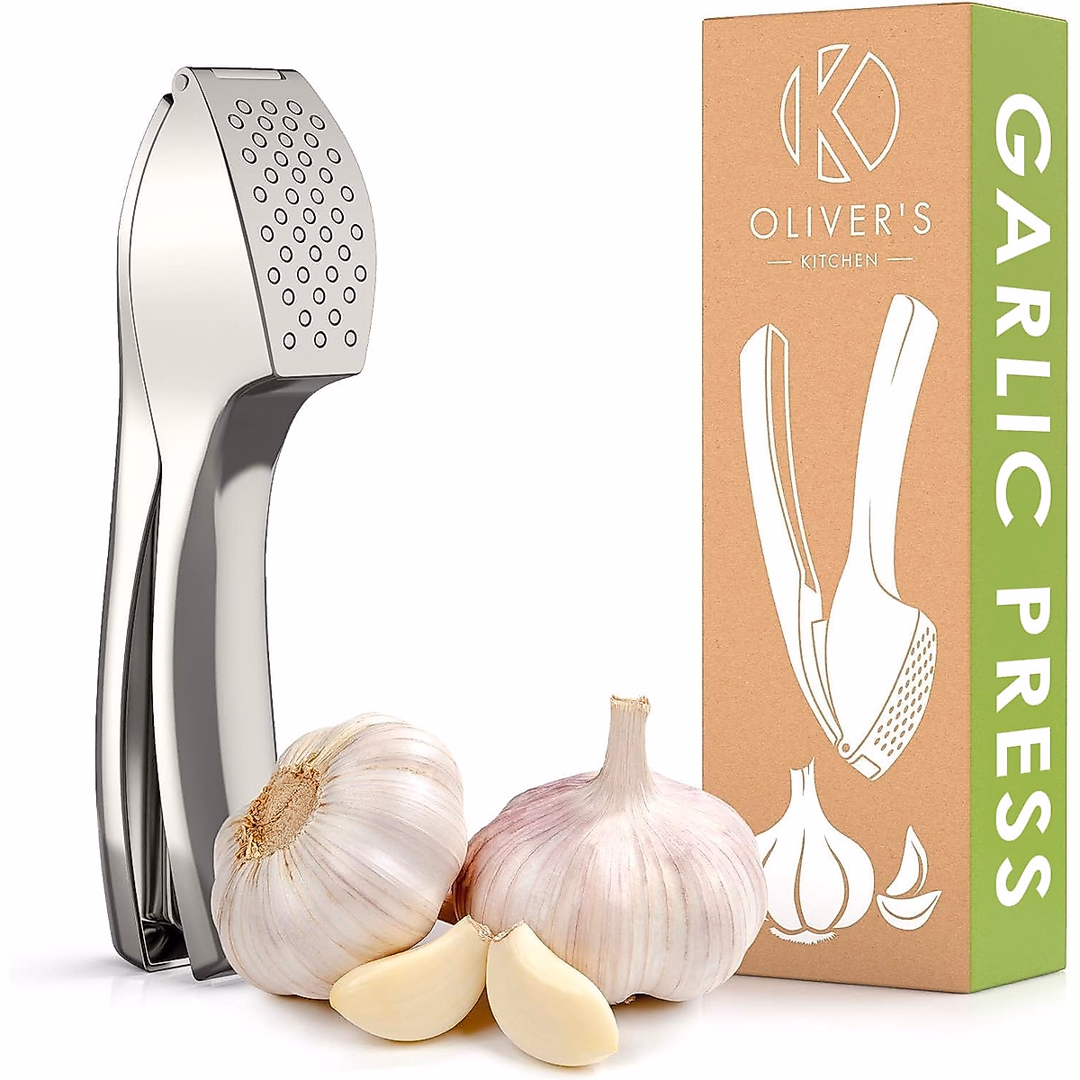 Oliver's Kitchen ® Premium Garlic Press - Super Easy to Use & Clean Garlic Crusher & Mincer - Crush Garlic & Ginger Effortlessly (No Need to Peel) - Built for Life - Strong & Durable (Silver)