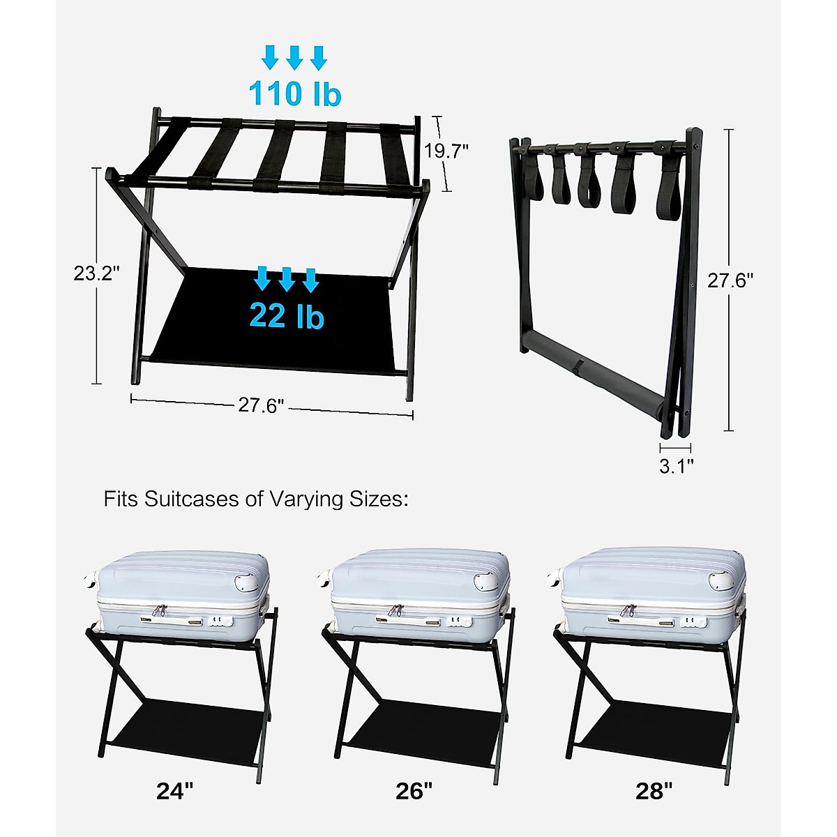 Yuihochic Luggage Rack, Pack of 2, Suitcase Stand with Fabric Storage Shelf ,for Guest Room,Bedroom,Hotel, Foldable Painted Steel Frame (Package Quantity 2)