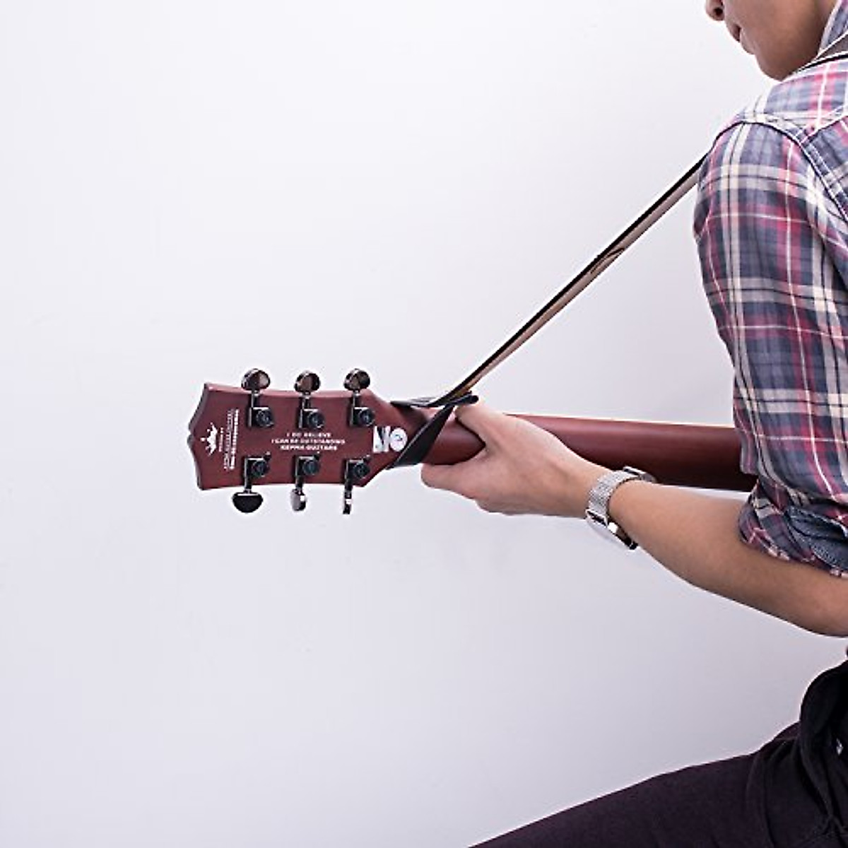 POYOLEE Leather Guitar Neck Strap Button Guitar Headstock Strap Tie, Black/Anti Copper