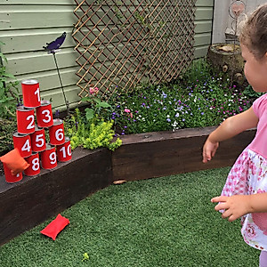 Garden Games Tin Can Alley - 10 Real Metal Tin Cans with Safe, Soft Throwing Bags