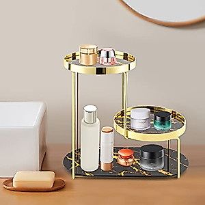 Bathroom Vanity Countertop Organizer - 3 Tier Makeup Counter Organizer Small Tiered Trays with Mirror Glass Trays for Home and Kitchen (Black Gold)