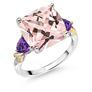 Gem Stone King 925 Silver and 10K Yellow Peach Nano Morganite and Purple Amethyst and Diamond Ring For Women (8.33 Cttw, 12MM Cushion and 5mm Trillion, Available in Size 5,6,7,8,9)