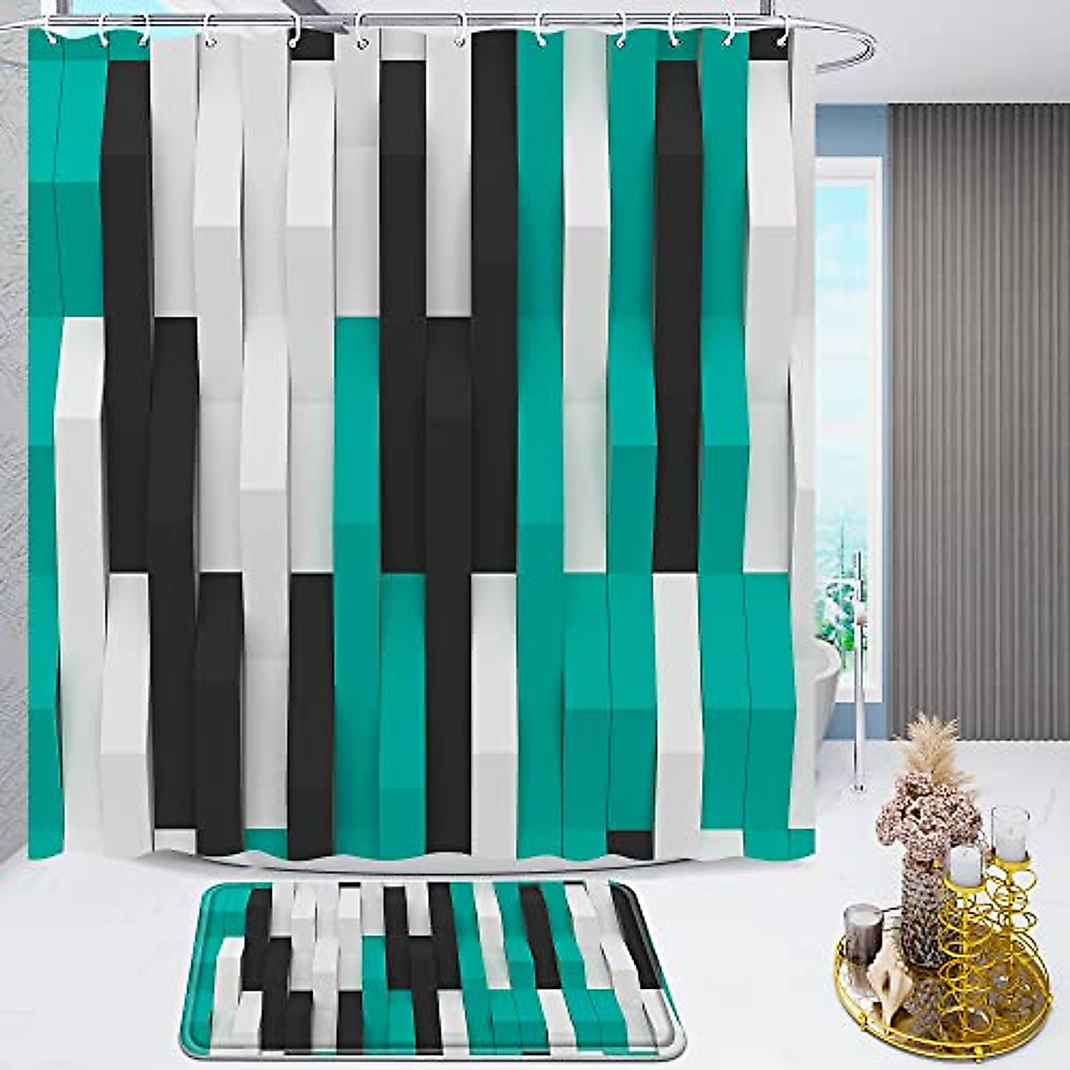 YOKYHOM Green Bathroom Sets with Shower Curtain and Rugs, 3 Piece Striped Bathroom Shower Curtain Sets with Rugs, Incl 71'' x 71'' Shower Curtain with 12 Hooks, 2 Pcs 30'' x 18'' Non Slip Bath Mats