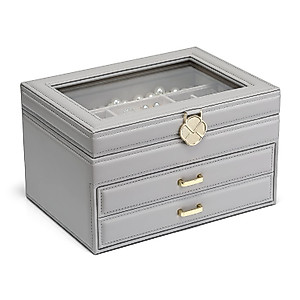 Vlando Jewelry Box Organizer, Leather Jewelry Display Case, 2 Jewelry Tray Drawer Storage for Necklaces, Earrings and Rings, Grey