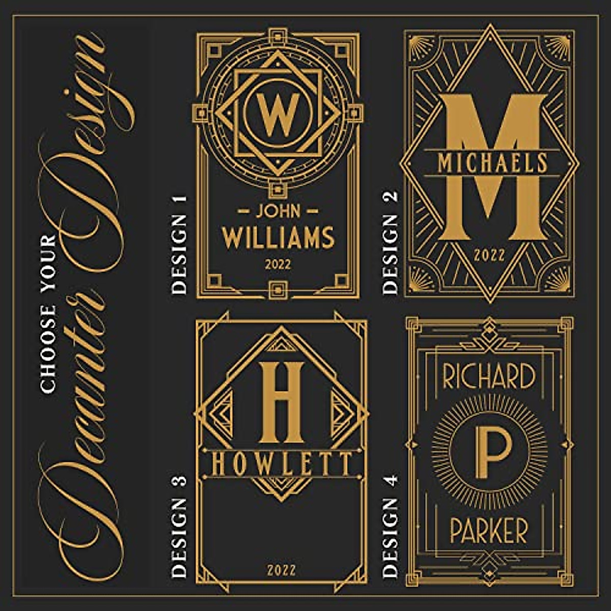 Personalized Whiskey Decanter Set with Glasses, 5 PC - 4 Optional Designs - Custom Whiskey Liquor Decanter 25 Oz with 4 Whiskey Glasses, Personalized Gifts for Men, D1