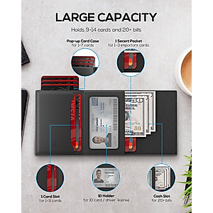 Mens Wallet Card Holder - Smart Wallet for Men, Pop Up Card Case, Top Grain Leather, RFID Blocking, Slim, Minimalist, Ultra Thin, Front Pocket, 9-14 Card Capacity | ID Window | Cash Slot (Black)