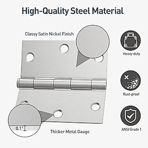 HOSOM 6 Pack Door Hinges 3.5 Inch with Square Corner, Satin Nickel Interior Door Hinge for Bedroom, Bathroom, Cabinet, and More