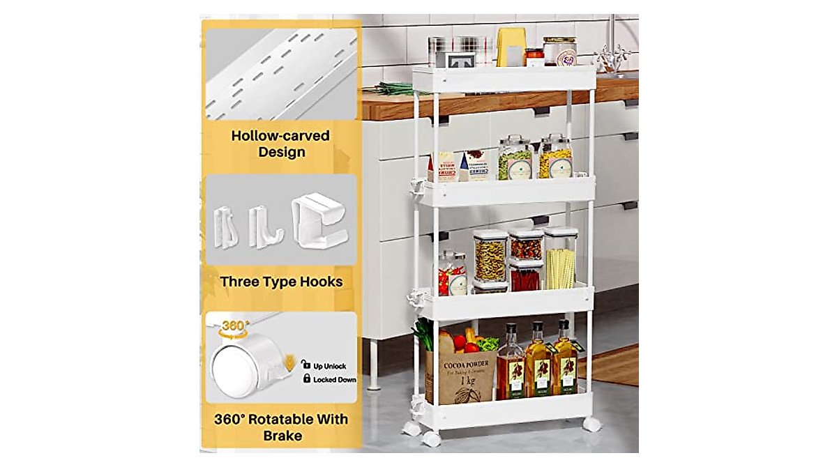 SPACEKEEPER Slim 4 Tier Rolling Storage Cart for Small Spaces