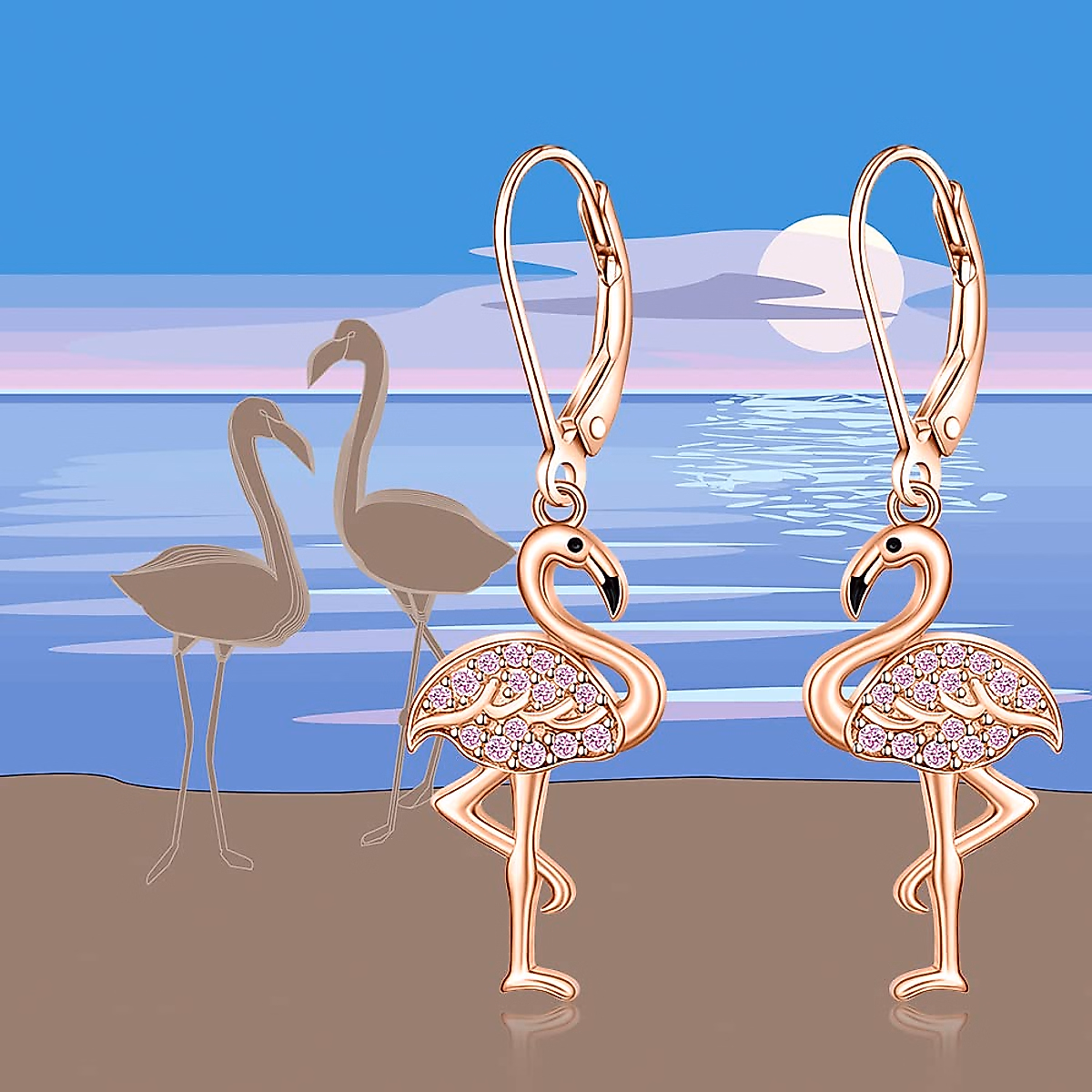 Flamingo Earrings for Women Sterling Silver Cute Bird Animal Rose Gold Pink Flamingo Dangle Hypoallergenic Christmas Holiday Summer Gifts
