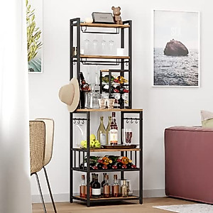 Amosic Wine Baker Rack, Industrial Wine Bar Cabinet, 6-Tier Wine Storage Display Shelves, Floor Liquor Wine Cabinet Storage with Rustic Wood Countertop Wine Rack 6 Bottles, for Bar (Rustic Brown)