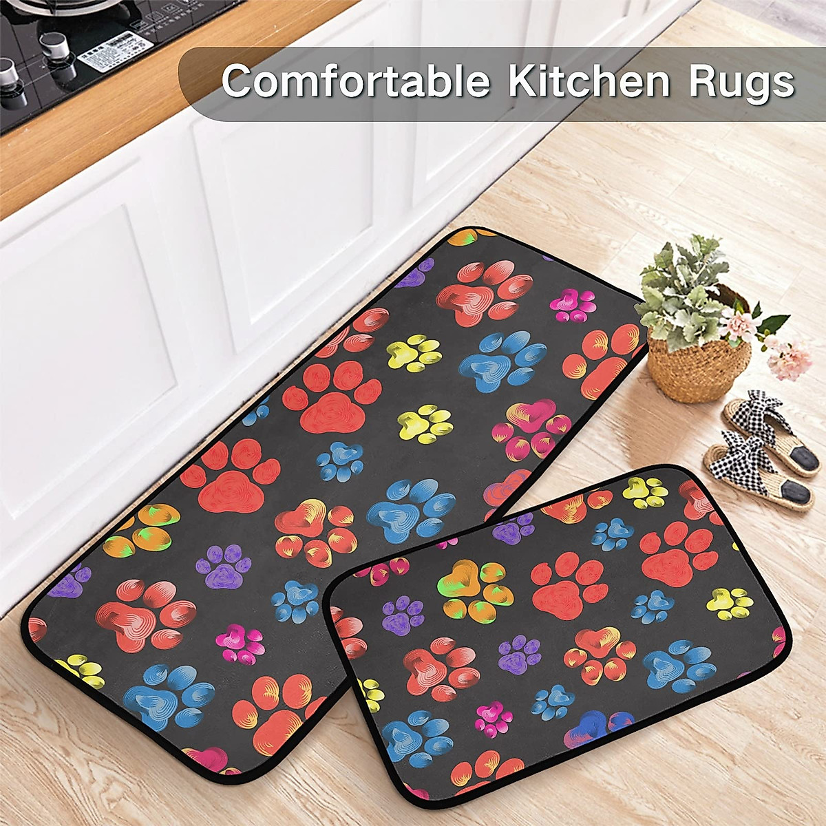 Kitchen Rugs and Mats 2 Pieces Rainbow Animal Paw Print Trails Black Anti Fatigue Kitchen Rug Set Non Slip Bath Mat Entry Floor Carpet Entrance Door Mat Runner 20"x28"+20"x47" 20"x28"+20"x47"