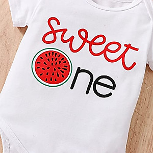 Baby Girl First Birthday Outfit Sweet One Fruit Short Sleeve Romper Top Flare Pants Headband 3Pcs Cake Smash Clothes (Watermelon, 6-12 Months)