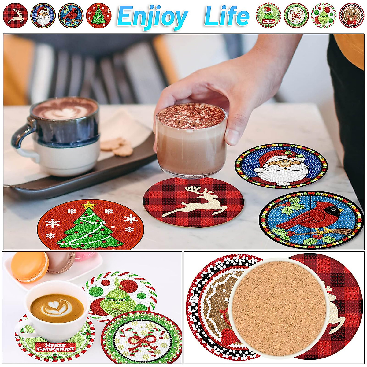 cupmod 8PCS Christmas Diamond Painting Coasters with Holder,Cartoon Diamond Art Coasters Kits for Beginners,Adults & Kids Small Diamond Art Kits Craft Supplies