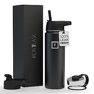 IRON °FLASK Camping & Hiking Hydration Flask, Wide Mouth, 3 Straw Lids, Stainless Steel Outdoor Water Bottle, Double Walled, Insulated Thermos, Metal Canteen - Midnight Black, 22 Oz