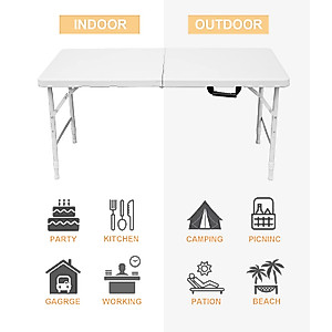 HooKung 4ft Folding Utility Table Fold-in-Half Portable Plastic Indoor Outdoor Picnic Party Dining Camp Tables