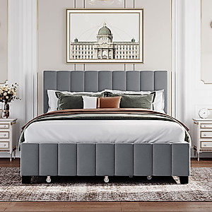 Harper & Bright Designs Queen Size Upholstered Bed with 1 Twin XL Trundle and 2 Storage Drawers, Velvet Platform Bed Wood Frame, No Box Spring Needed (Gray)