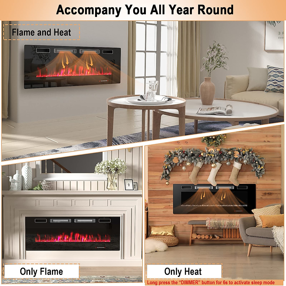 Tangkula 50 inches Electric Fireplace Insert, 3.19 Inches Ultra Thin Recessed & Wall Mounted 1400W Fireplace with Adjustable Flame Color & Speed, 12 H Timer,Remote Control,Touch Screen and WiFi App