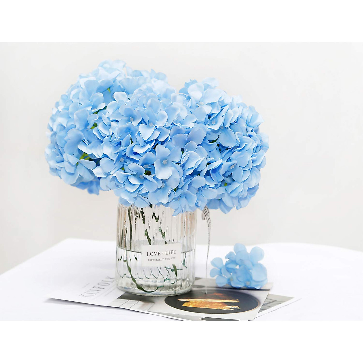 DuHouse Artificial Hydrangea Silk Flower Heads with Stem Fake Blue Hydrangea Bigger Flowers for Wedding Home Garden Centerpiece Pack of 6