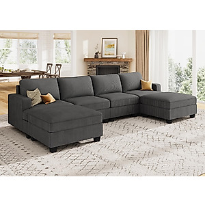 Nolany Corduroy Sectional Couch with Storage Ottoman, U Shape Sectional Sofa with Storage Chaise, Modular Sectional Couches for Living Room, Dark Grey