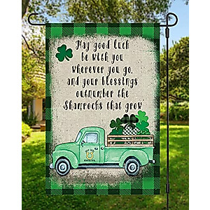 St Patricks Garden Flag - Buffalo Check Shamrock Outdoor Flag - Celtic Irish Blessing Garden Flag - Green Truck St Patricks Flag - Irish Flag 12 x 18 inch size by Jolly Jon