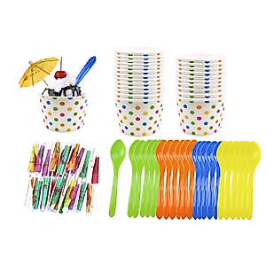 8 Ounce Polka Dot Paper Ice Cream Cups - Plastic Spoons - Paper Umbrellas - Blue Orange Yellow Green - Ice Cream Sunddae Kit for 24