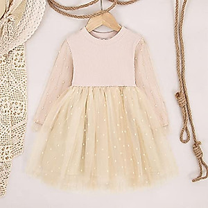 Toddler Baby Girl's Fall Dress Outfit Knit Long Sleeve Fluffy Gold Wire Decoration Tulle Dress Princess Dress (Cream, 4T)