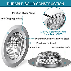 2PCS Kitchen Sink Strainer, Stainless Steel Sink Drain Strainer, Large Wide Rim 4.5" Diameter, Food Catcher for Most Sink Drains Kitchen Sink Basket Strainer