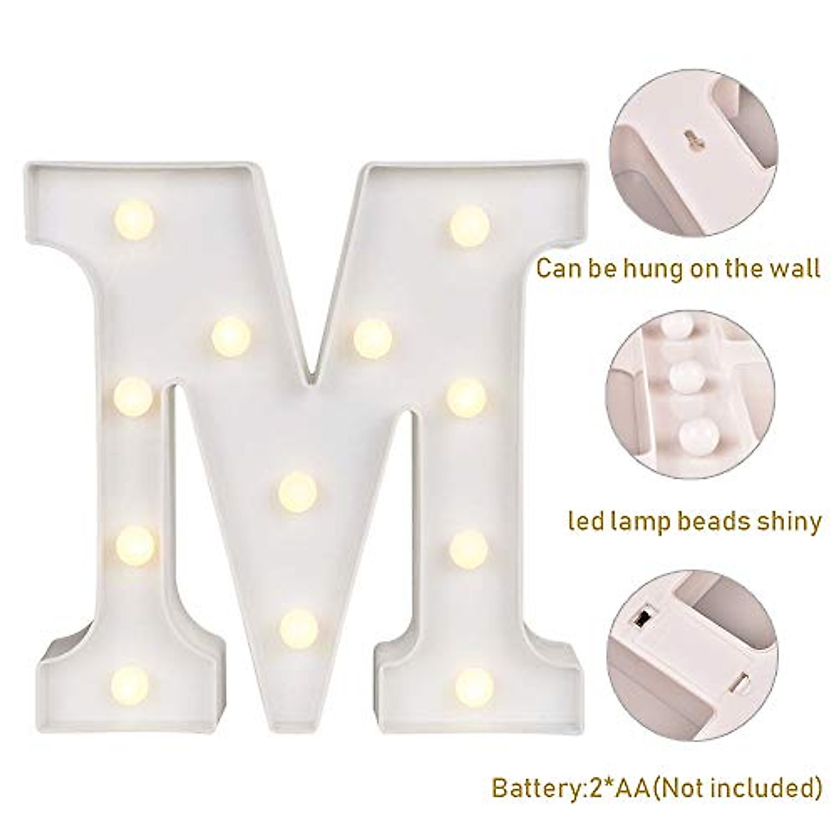 ODISTAR LED Light Up Marquee Letters, Battery Powered Sign Letter 26 Alphabet with Lights for Wedding Engagement Birthday Party Table Decoration bar Christmas Night Home,9’’, White (M)