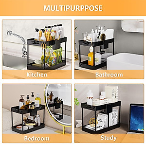 Johamoo 2 Pack Under Sink Organizer, 2-Tier Bathroom Kitchen Organizer and Storage with Support Tubes, Hooks, Hanging Cup, Under Cabinet Basket Organizers for Cleaning Supplies and Toiletries