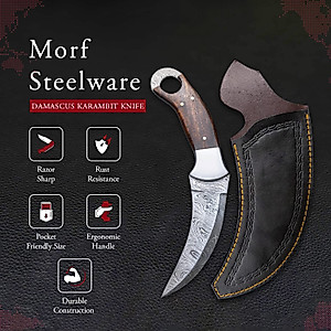 Morf Steelware Damascus Karambit Knife, Handmade Damascus Steel Bowie Knife, 9 inch Karambit Skinning Knife with Leather Sheath, Hunting, Camping & Outdoor Knife - Rose Wood Handle