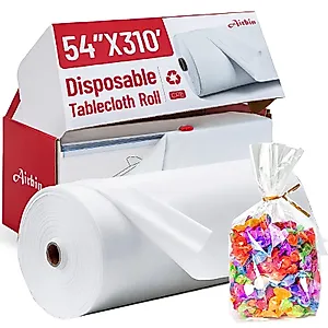Plastic Table Cloth Roll, 310 Ft x 54 in Disposable Tablecloth with 100 Candy Bags, Rectangle Table Cloth with Cutter Box. White Table Cover for Picnics, Parties, Birthdays, Weddings, Christmas Day