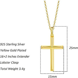 FANCIME Yellow Gold Plated 925 Sterling Silver Beveled Cross Pendant Necklace Dainty Fine Delicate Jewelry Easter Gifts for Women 18 INCHES