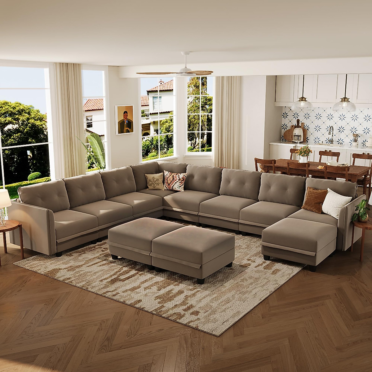 LLappuil Modular Sectional Sofa with Storage Oversized U Shaped Couch with Reversible Chaise Velvet Waterproof Anti-Scratch Sofas for Living Room 9 Seats with 2 Ottomans Grey Brown