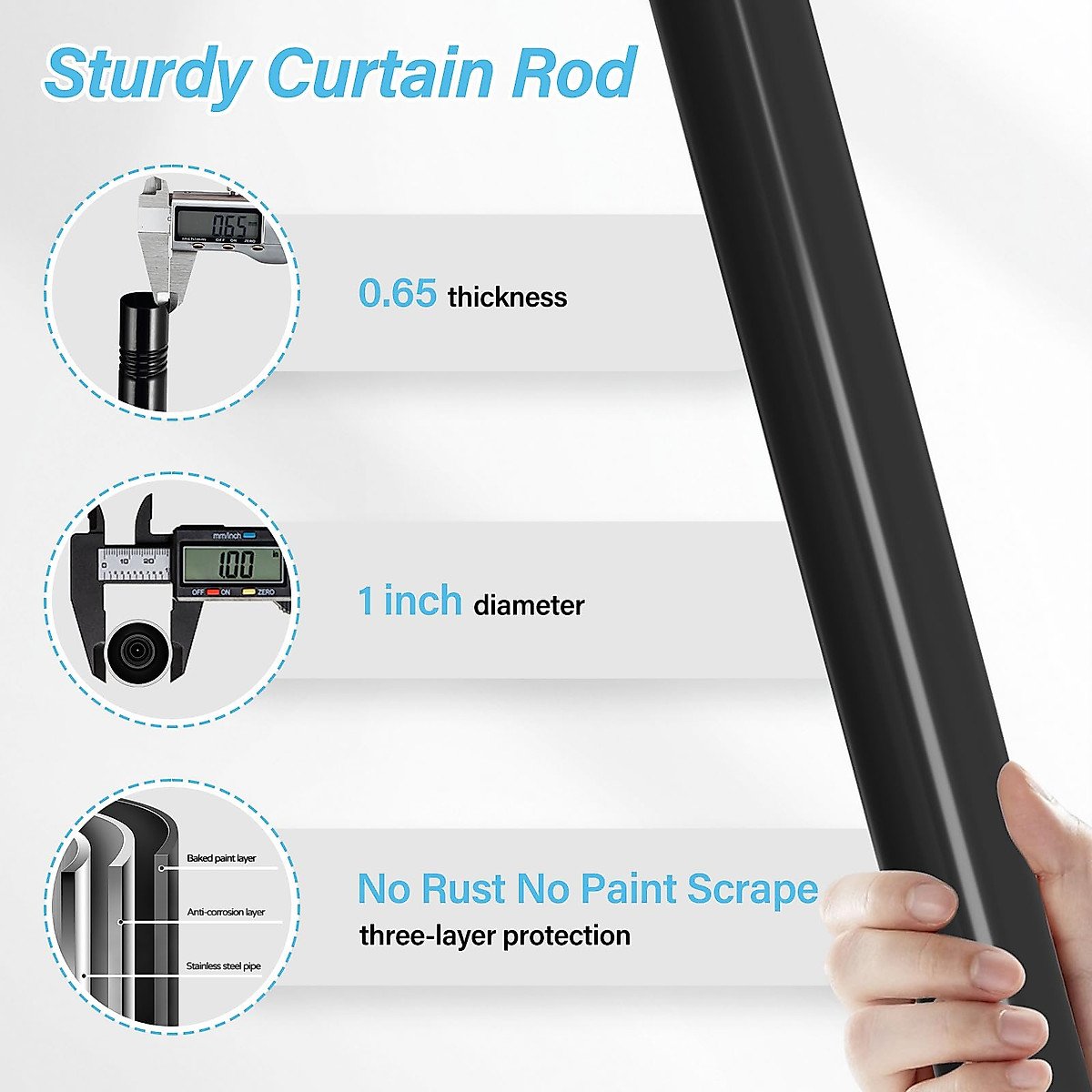 Curtain Rods for Windows 30 to 62 Inch, 1 Inch Black Curtain Rod Set, Stainless Steel Heavy Duty Drapery Rods with Adjustable Brackets for Room Divider, Bedroom, Living room, Kitchen, Bathroom, Black
