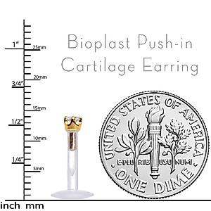 Body Candy 16 Gauge 1/4" Short Post Length 14k Yellow Gold 1.5mm CZ Bioplast Push in Cartilage Earring