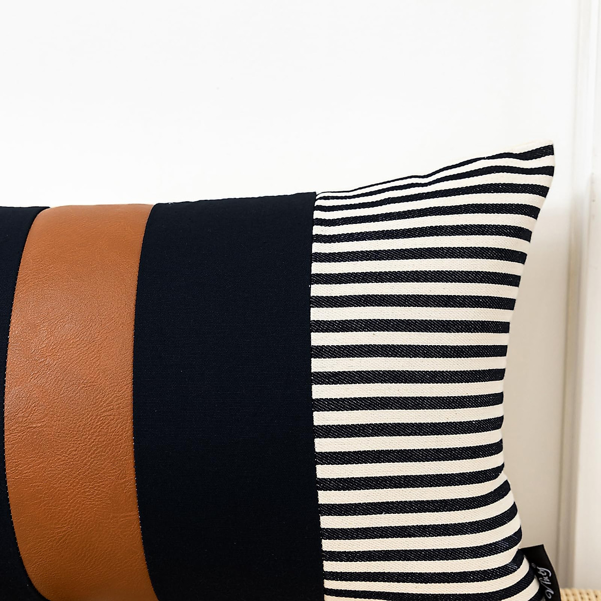 Vfuty Brown and Black Decorative Pillow Cover Set of 2, Farmhouse Stripe Pillow Cover 12x20 Modern Faux Leather Accent Pillow Case for Couch Sofa Bed Boho Patchwork Cushion Cover