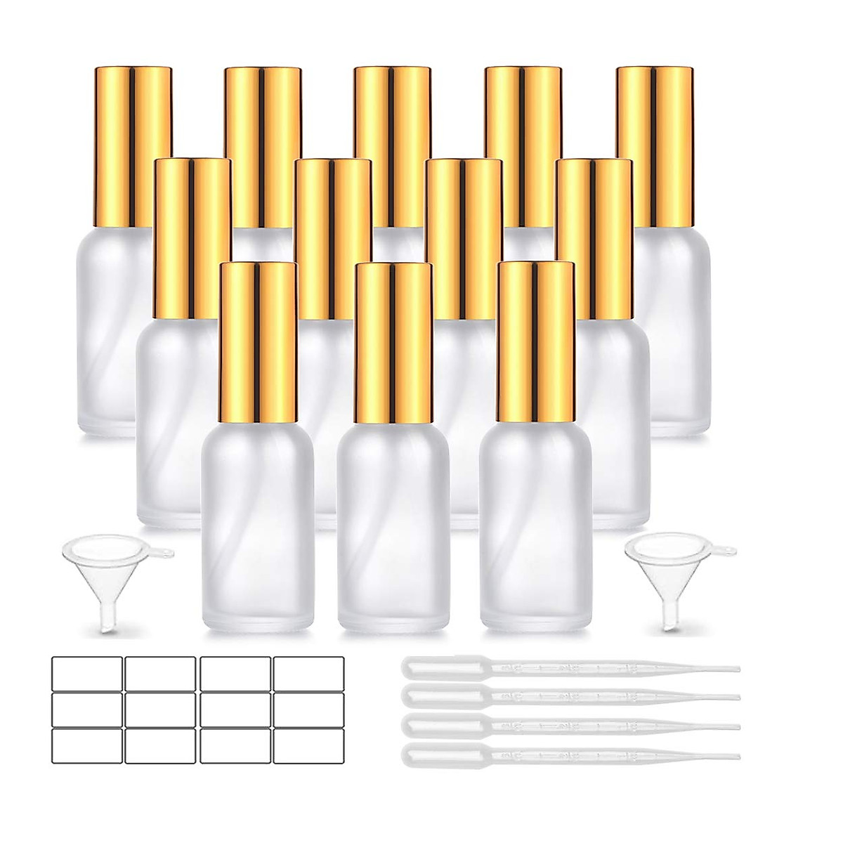 12 Pack 1.7 Oz Frosted Glass Spray Bottles with Fine Mist Atomizer &Golden Pump Cap,Empty Travel Size Perfume Liquid Containers for Essential Oils-Stickers,Pipette&Funnel included (Pack of 12)
