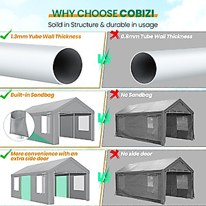 COBIZI Carports 10x20 Heavy Duty Car Canopy Garage with Roll-Up Ventilation Windows & Doors, Removable Sidewalls Portable Carport Canopy Waterproof with Built-in Sandbags for Cars, Boats, Trucks, Gray
