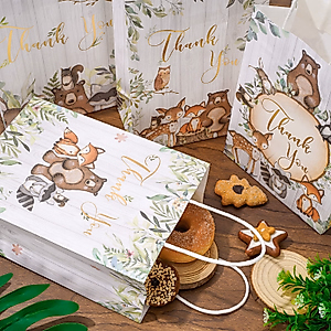 AnyDesign 24 Pack Woodland Thank You Gift Paper Bags with Handles Bulk 4 Design Woodland Baby Shower Party Favor Bags for Birthday Wedding Baby Shower Party Supplies Decoration, 5.9 x 8.3 x 3.1 Inch