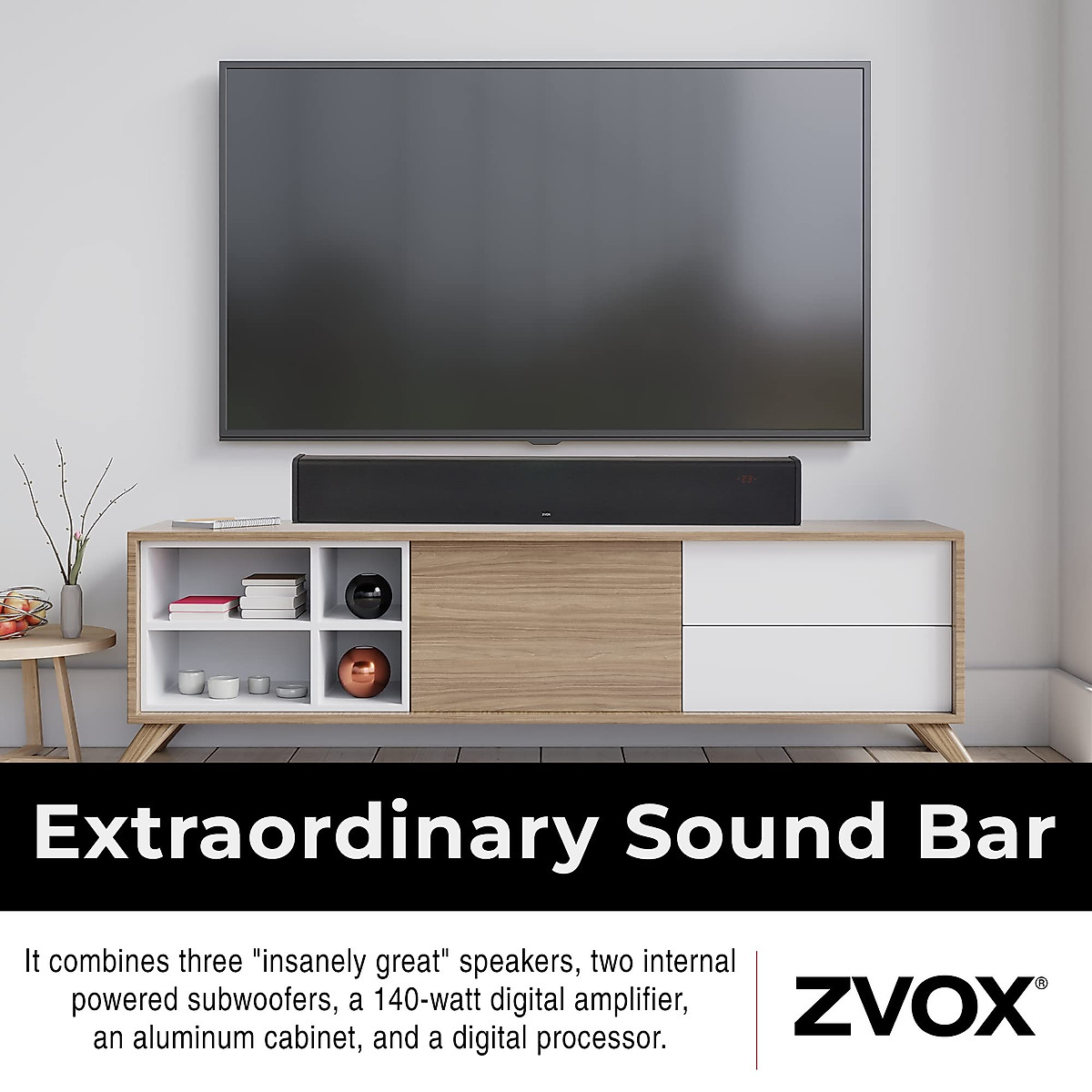 ZVOX SB500 Soundbar for TV, Home Speaker Bar Works with 50" to 90" TVs, Soundbar with Subwoofer Built-in, 6 Modes AccuVoice Dialogue Boost, Multi-Zone Audio and Hearing Technology
