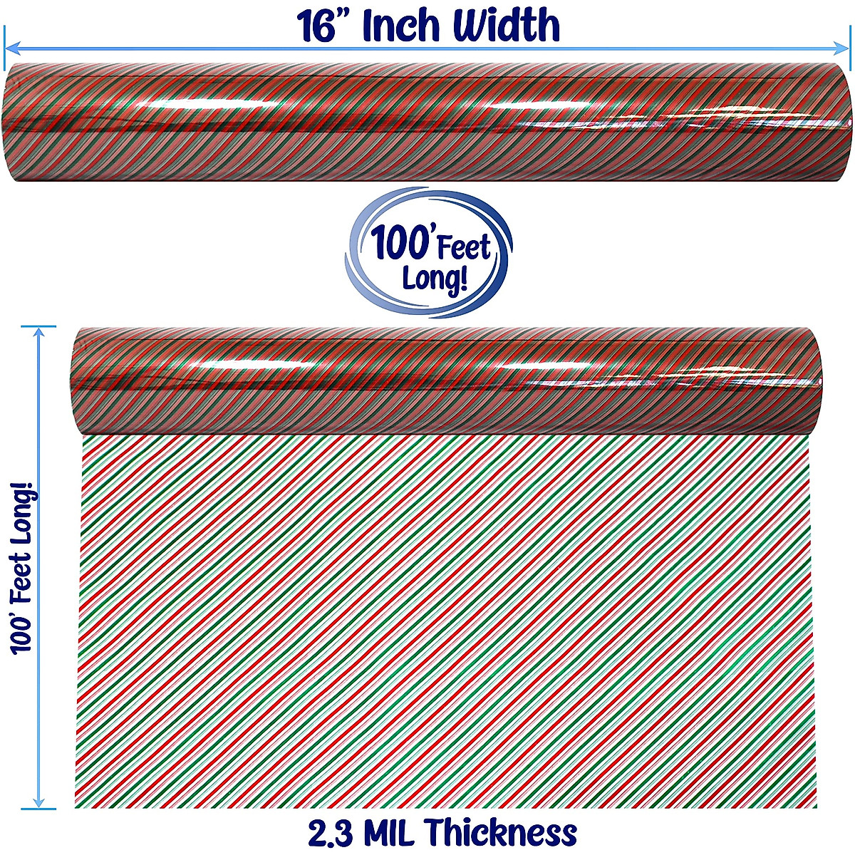 AnapoliZ Christmas Cellophane Wrap Roll | 100’ Ft. Long X 16” in. Wide | 2.3 Mil Crystal Clear Christmas Stripes Cellophane | Gifts, Baskets, Treats Wrapping Paper | Red and Green Stripes Cello Roll