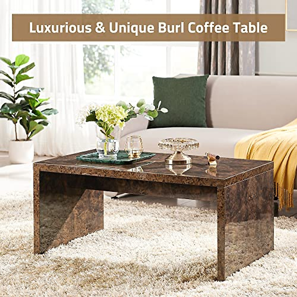 WISOICE Mid Century Modern Coffee Table for Living Room Tables Luxury with Waterproof High Gloss Burl Veneer Finish, Rustic Brown Rectangle Wooden Coffee Center Table (40" W x 22" D x 18" H)