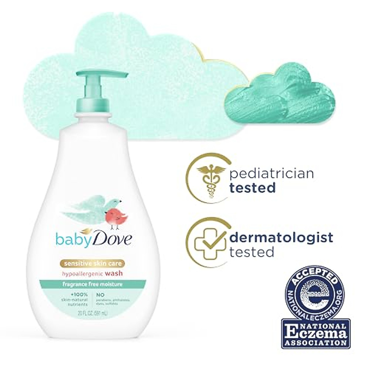 Baby Dove Sensitive Skin Care Baby Wash For Bath Time, Moisture Fragrance Free and Hypoallergenic, Washes Away Bacteria 20 oz