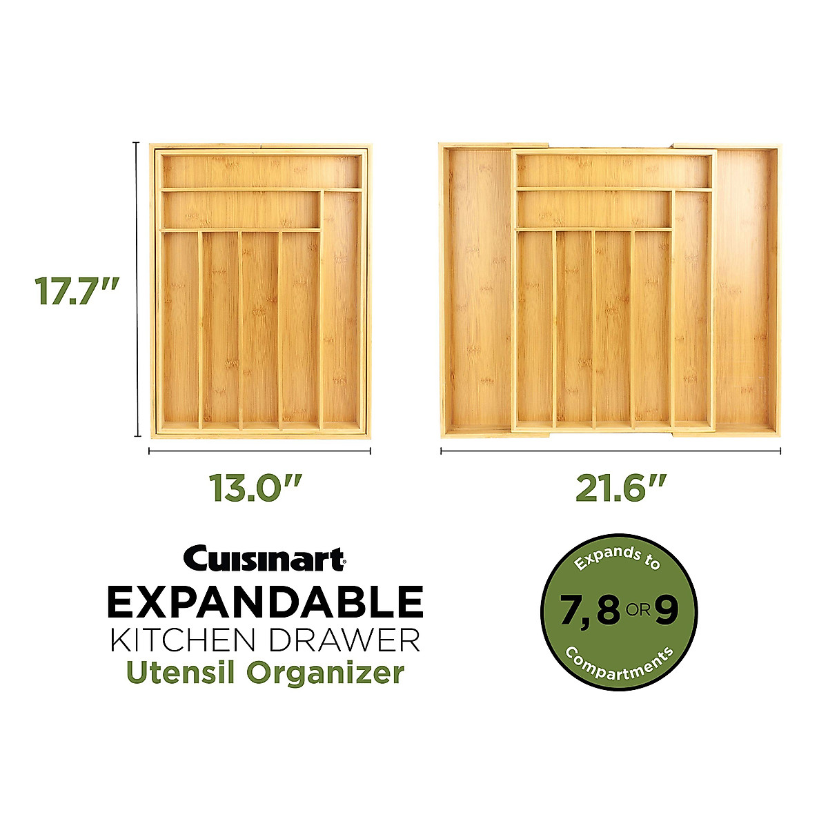 Cuisinart 9 Compartment Adjustable Bamboo Utensil Organizer – Ideal for Keeping Kitchen Supplies and Silverware Organized – Flatware Drawer Tray for Multi-Purpose Storage 18 x 13 x 2 Inches