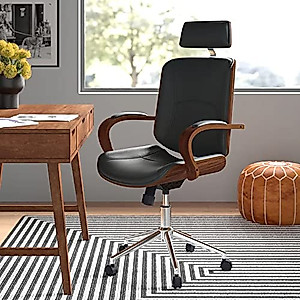 IDS Home Modern High Back Walnut Wood Office Chair with PU Leather Curved Ergonomic Bentwood Seat Swivel, Executive Wheels, Headrest Lumbar Support, Height Adjustment - Black