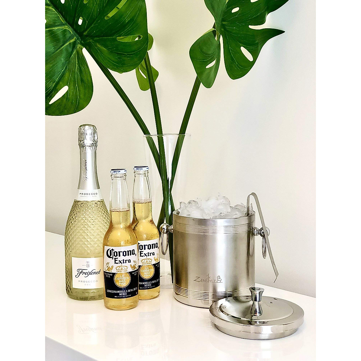 Ice Bucket with Lid, Tongs, Insulated Double Wall Design, Premium Quality Brushed Stainless Steel, Handles, 1.4L, Small, Great as a Gift, Great for Parties