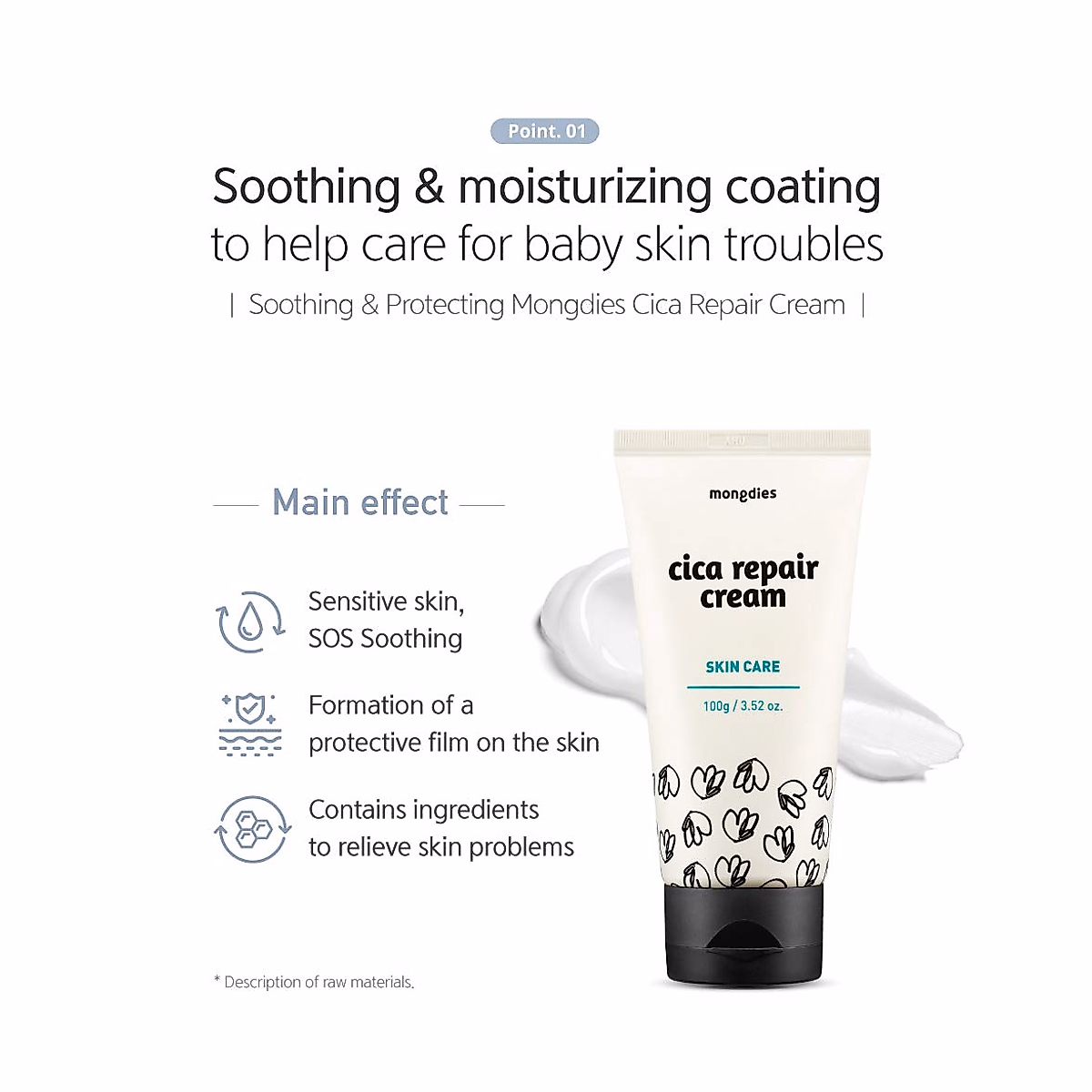 Mongdies Cica Repair Cream - Moisturizing, Hydrate, & Repair solutions for sensitive and delicate skin, Excellent grade German Derma Test, All ingredients of EWG Green Level, Natural Fragrance -100g